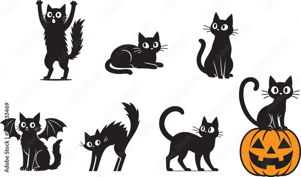 Set of Cute Halloween Black Cats Vector Collection Stock Vector | Adobe ...