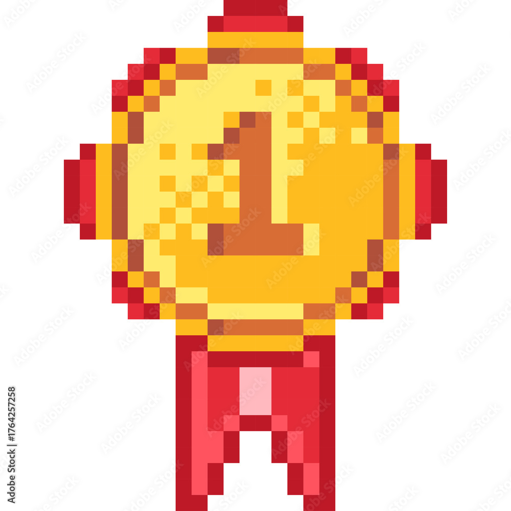 Pixel Art Golden Award Medal With Red Ribbon For First Place Victory In ...