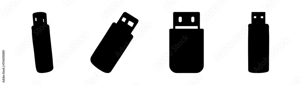 Collection of four simple black solid icons depicting usb flash drives ...