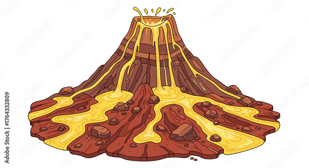 Stockvektorbilden Cartoon Volcano Erupting with Molten Lava Flowing ...