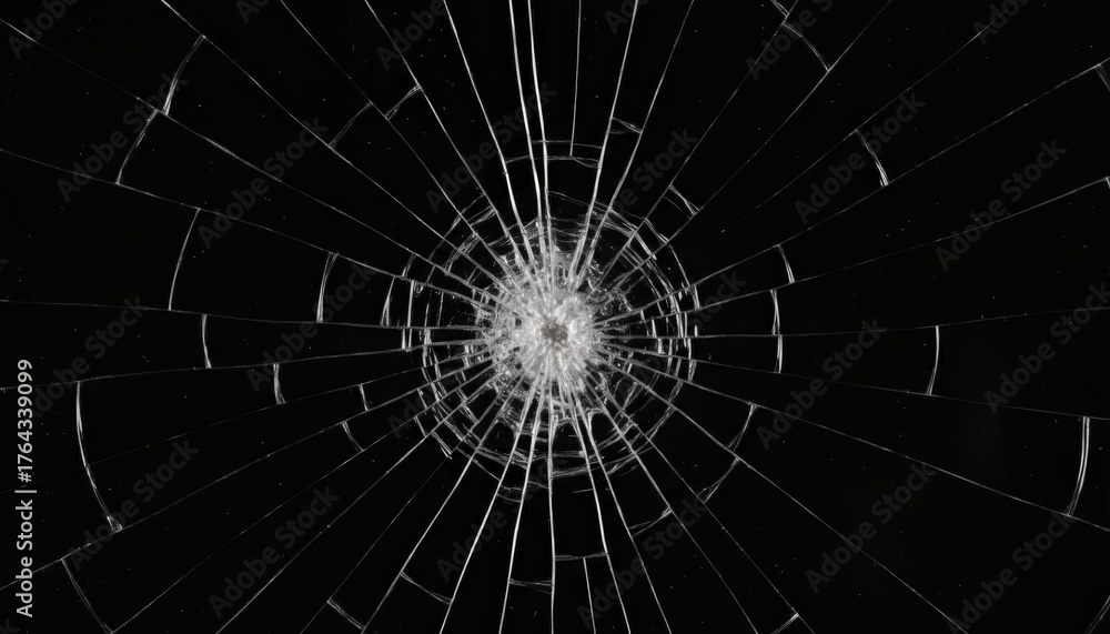 Broken glass pane displaying a central impact point with numerous ...