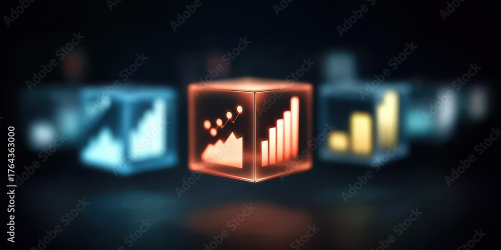 Transparent digital cube rotating with glowing graphs of increase ...
