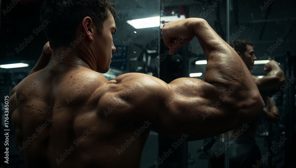 Flexing shirtless bodybuilder showing bicep in gym weight room with ...