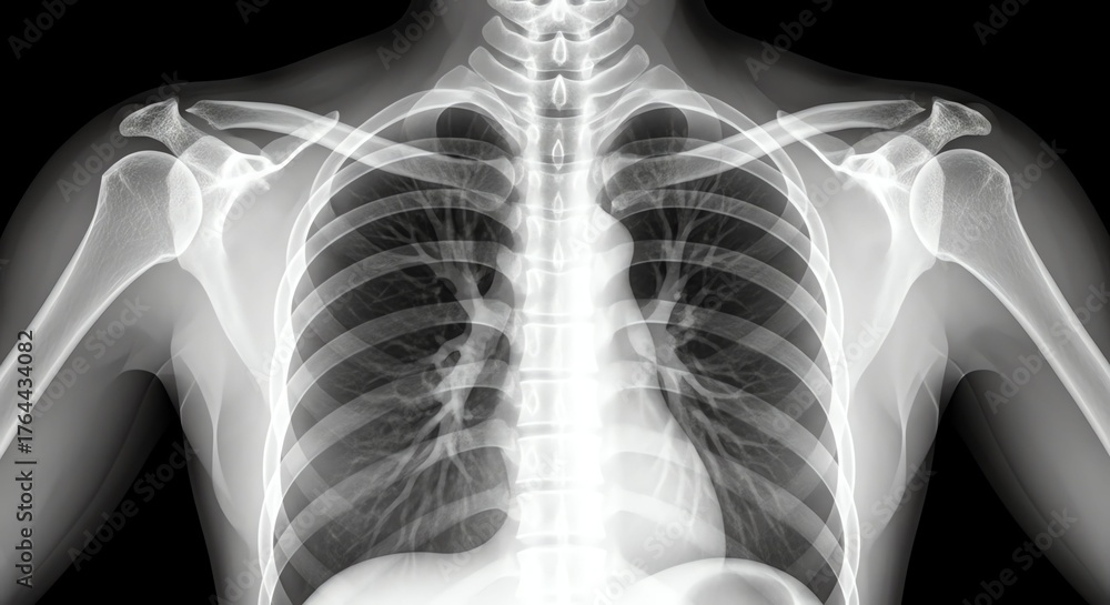 Medical X-ray Image of Human Chest Showing Rib Cage Lungs and Shoulder ...