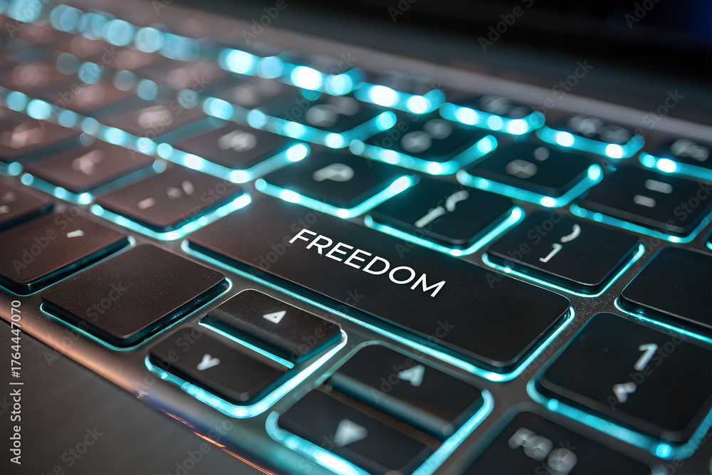 Close-up of a futuristic keyboard key labeled “Freedom,” glowing in ...