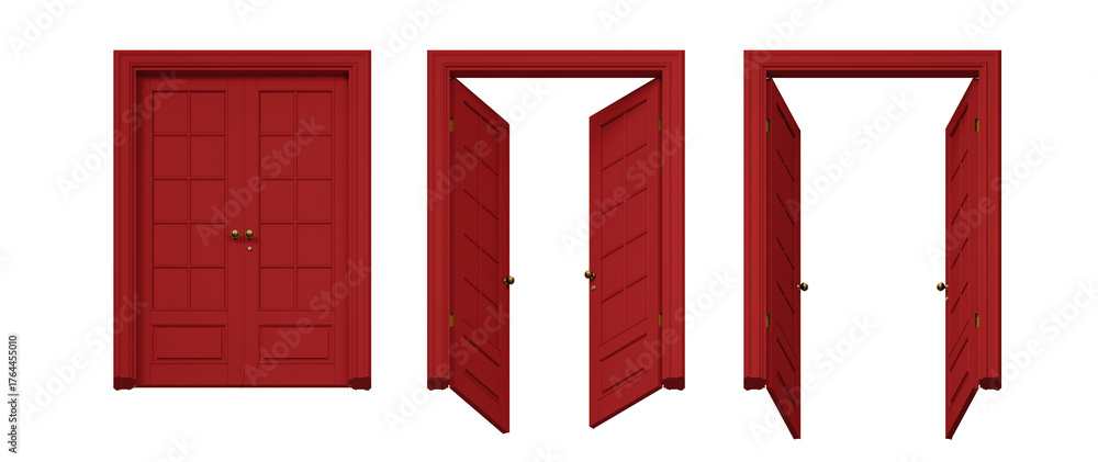 Low angle view set of classic double french red doors isolated on ...