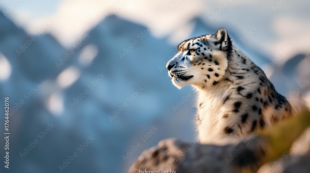 Majestic snow leopard in natural mountain habitat gazes into distance ...