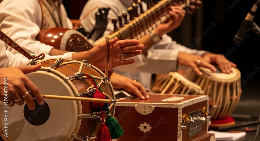 Indian music performance with sitar, tabla, harmonium and dhol drums ...