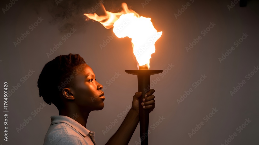 African torch bearer concept of hope and inspiration with continent ...