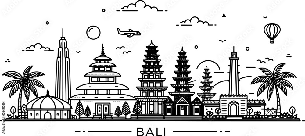 Bali Skyline Hand Drawn Sketch with Cultural Landmarks for Tourism ...