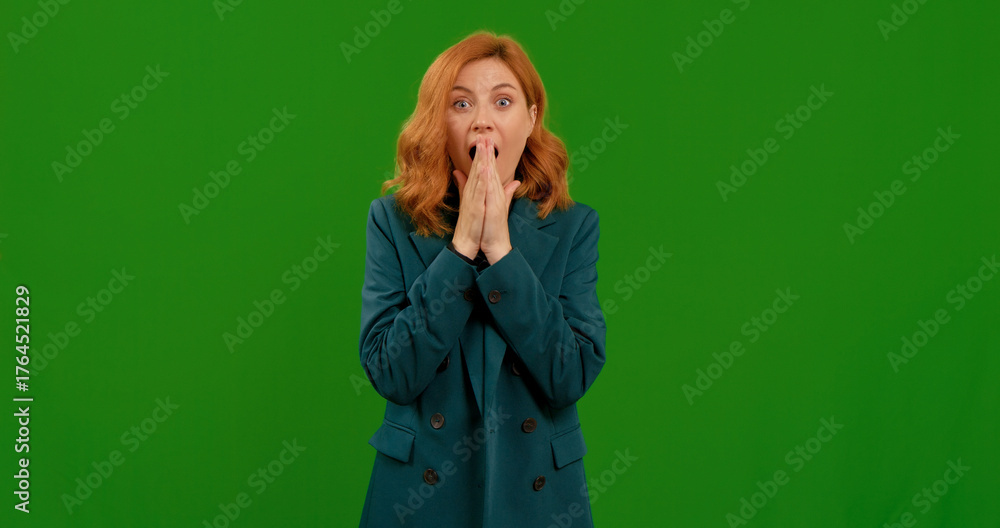 Very surprised female with shocked wow face expression on green screen ...