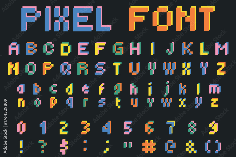 Pixel font with set of uppercase and lowercase alphabetical letters ...