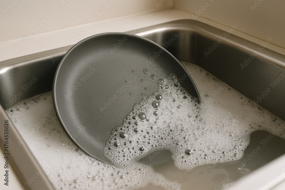 Dirty nonstick frying pan soaking in stainless steel kitchen sink with ...