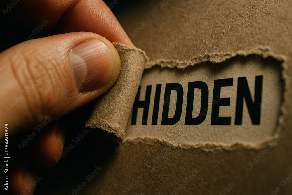 Hidden bold text appears as hand pinches torn paper layers to reveal ...