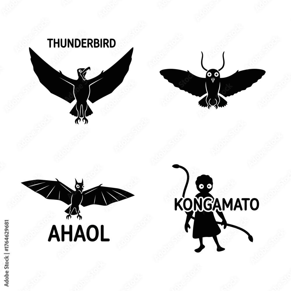 Black and white illustrations of four cryptids including Thunderbird ...