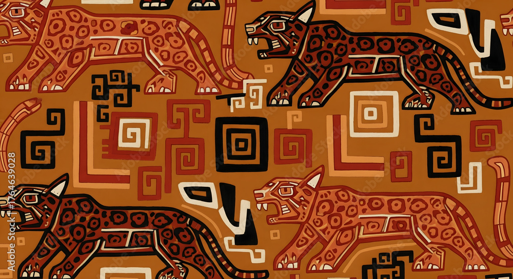Foto de Stock Stylized Jaguar Motifs and Geometric Patterns in Ancient ...