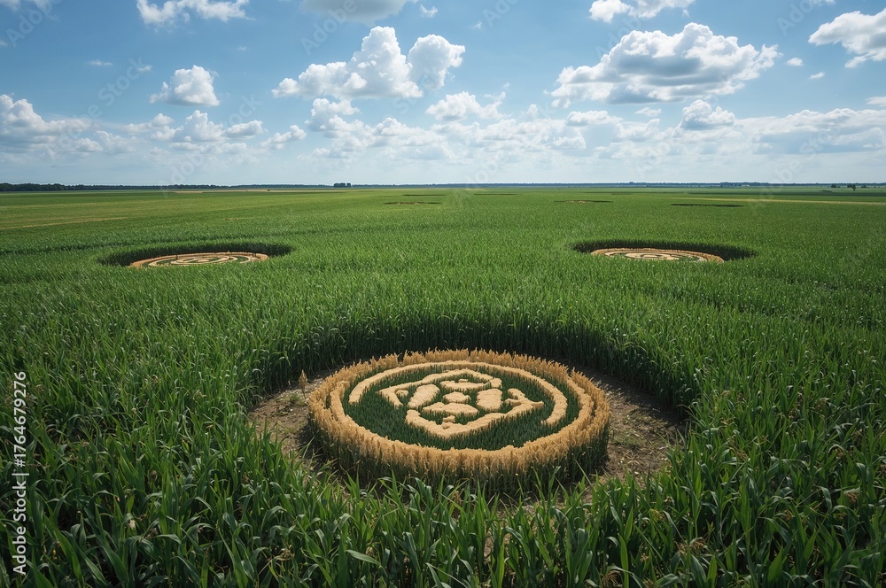 Aerial view of artificial alien patterns formed in a cornfield ...