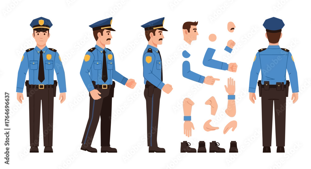 Police officer character creation set with various views, poses, and ...