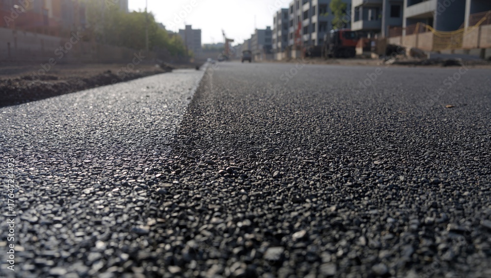 Newly paved road illustrating the stages of road building from base ...