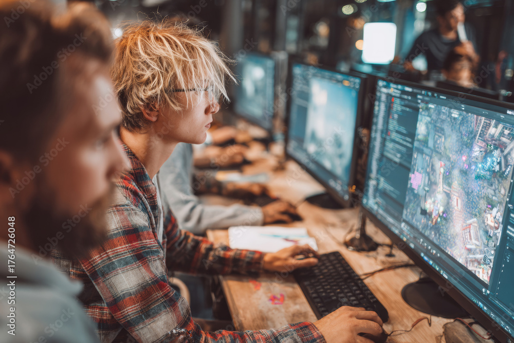 Developers collaborating at workstation with multiple monitors. People ...
