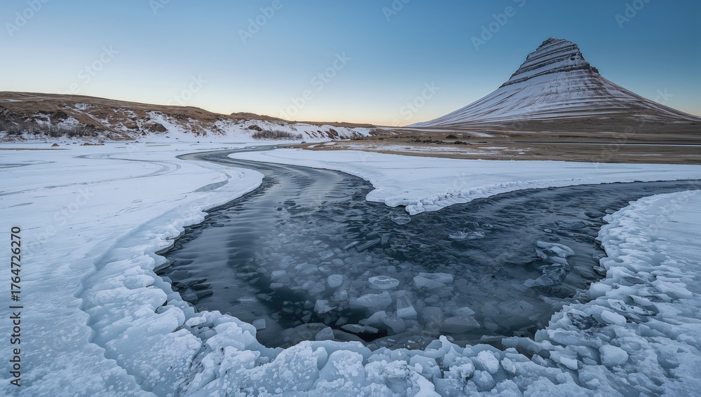 Frozen icy pond atop a cascading waterfall, water transforming into ice ...