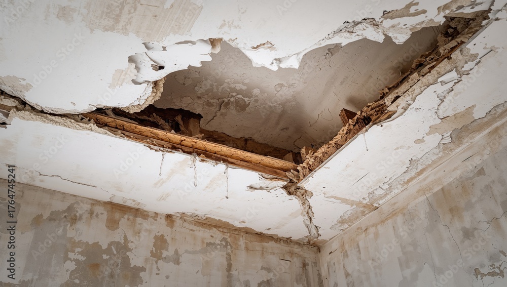 Aged, deteriorating white gypsum ceiling damaged by water leakage, mold ...
