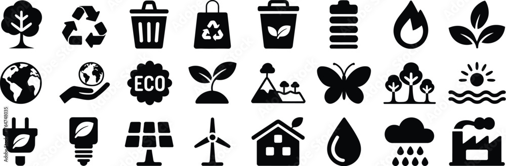 Eco and sustainability glyph icon set, black silhouette vector ...