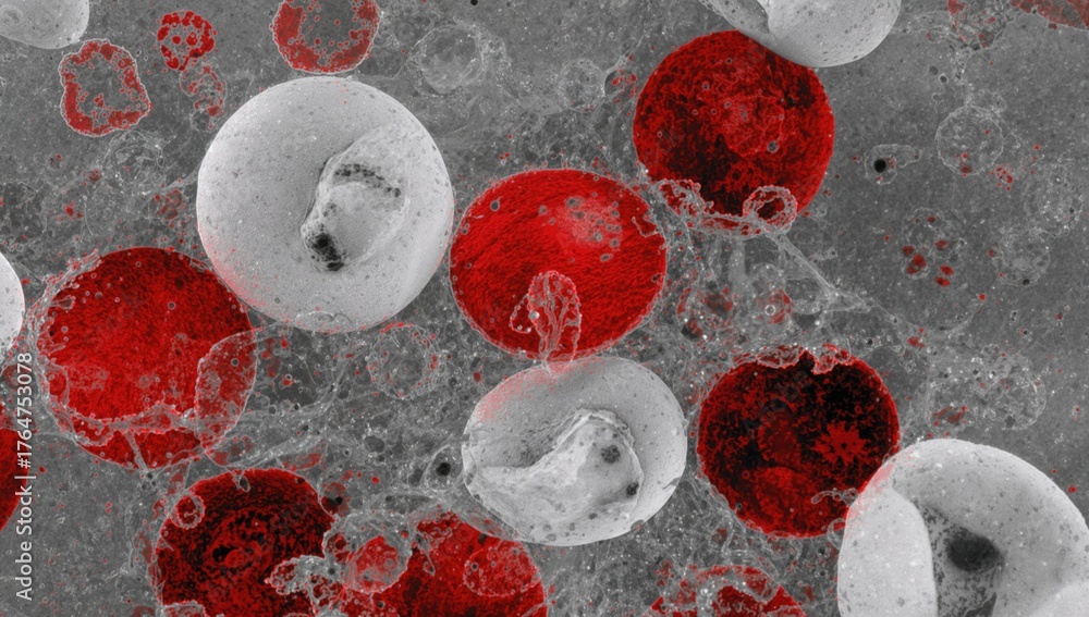 Electron microscope image of blood showing normal and malaria parasite ...