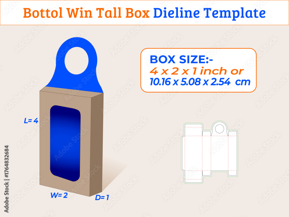 Vector art of bottle wine tall box dieline template shows box size with ...