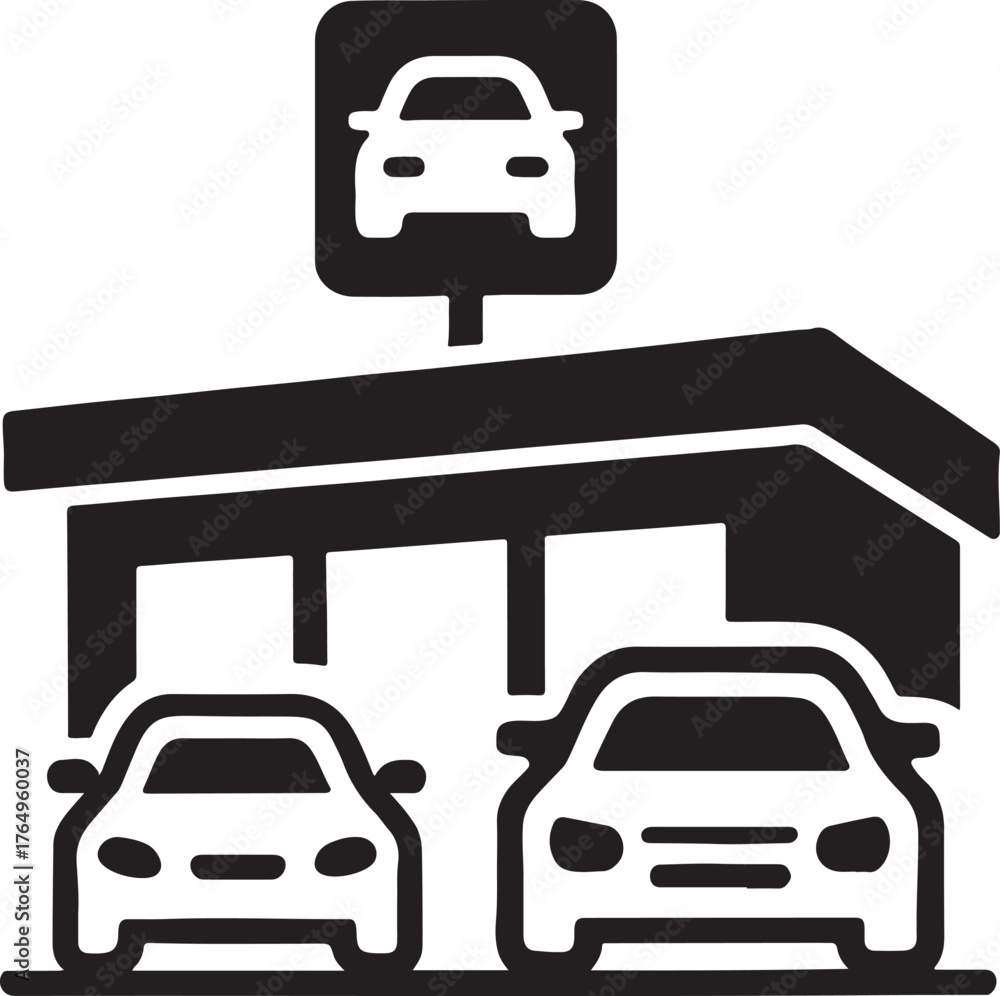 Car dealership building with parked cars and signage icon, minimal ...