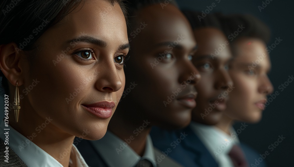 Diverse group of professionals in suits looking forward with focus and ...