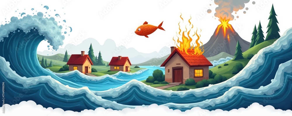Стоковая иллюстрация «Cartoon landscape shows village facing multiple ...