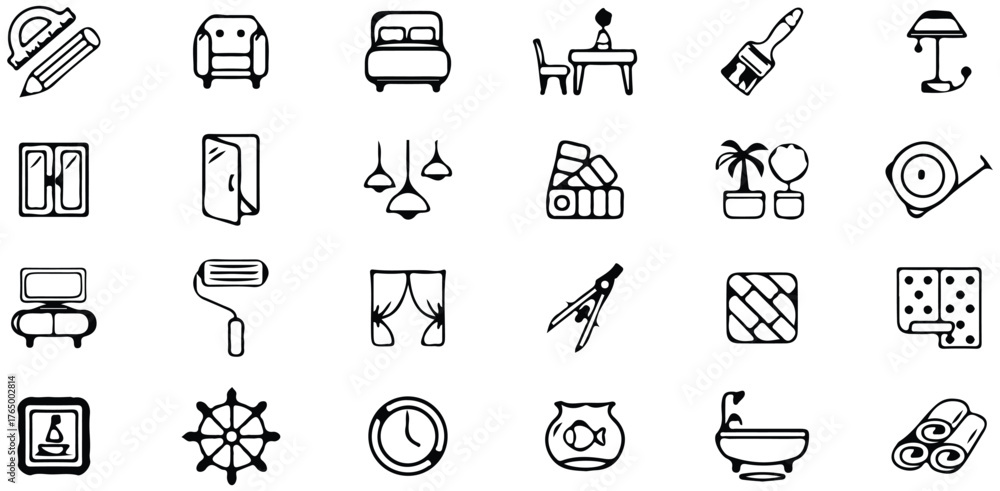 Home Design Icons, Set Of Furniture Bed And Lamp Symbols For Interior ...