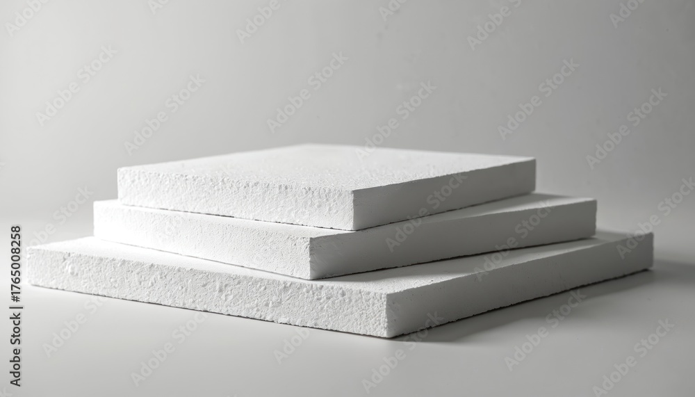 Close up photo of white polystyrene foam boards stacked. The textured ...