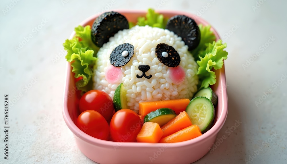 Cute panda bento box with rice, fresh vegetables for kids meal. Fun ...