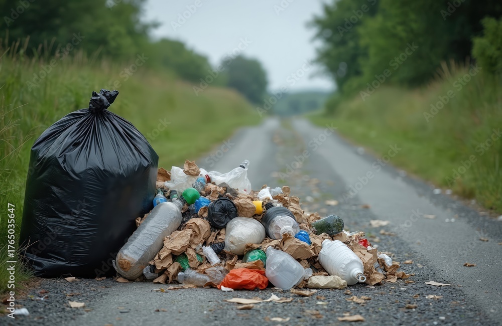 Trash bag pile with plastic bottles and paper waste lies on path ...