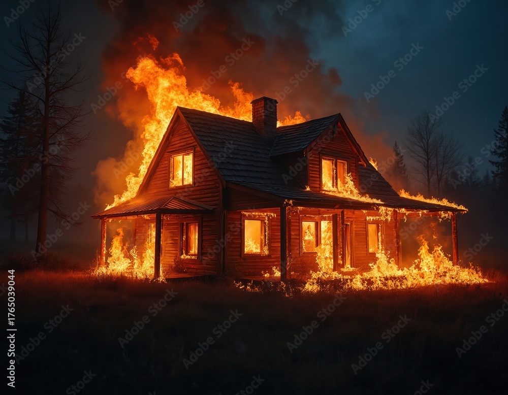 Wooden house engulfed in roaring flames and smoke at night. Intense ...