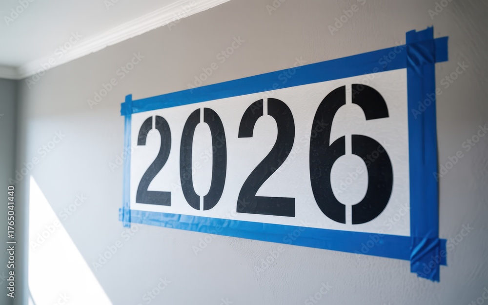 Painted number 2026 on a wall using blue painters tape to create a ...