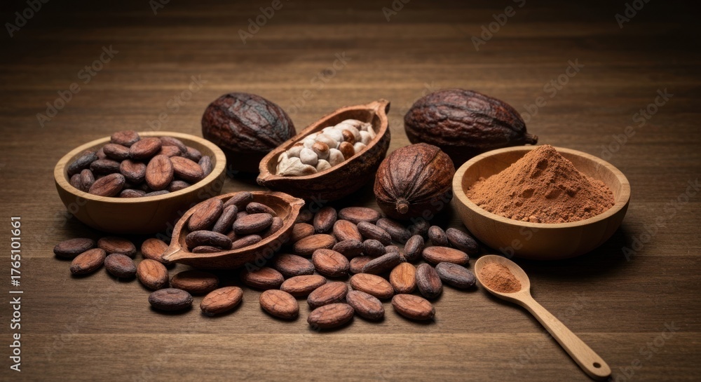 Various stages of cocoa whole pods, split beans, roasted beans, and ...