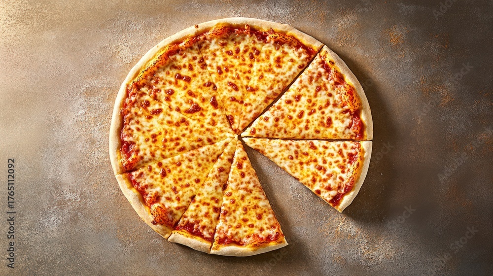 Round cheese pizza sliced into wedges with one piece removed from whole ...
