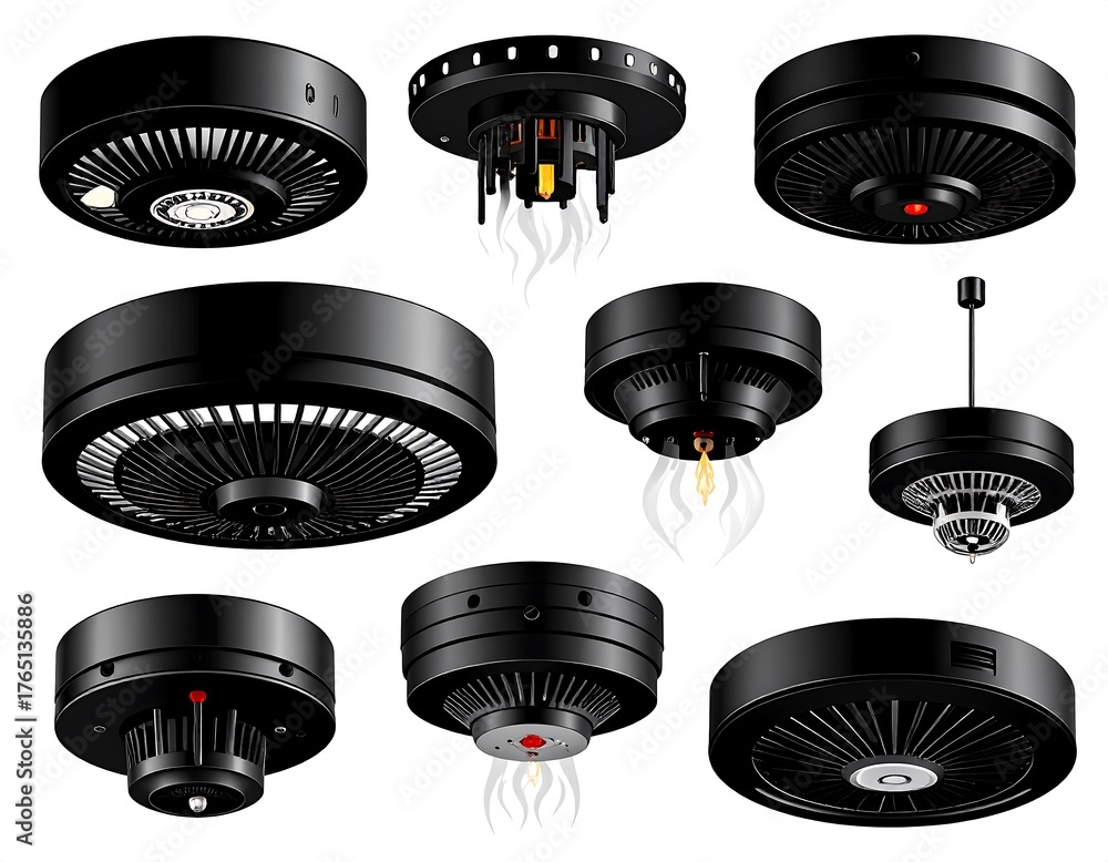 Collection of various circular black safety devices for detecting and ...