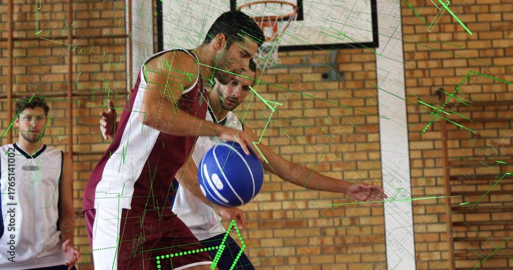 Dribbling basketball player in burgundy uniform driving past defender ...