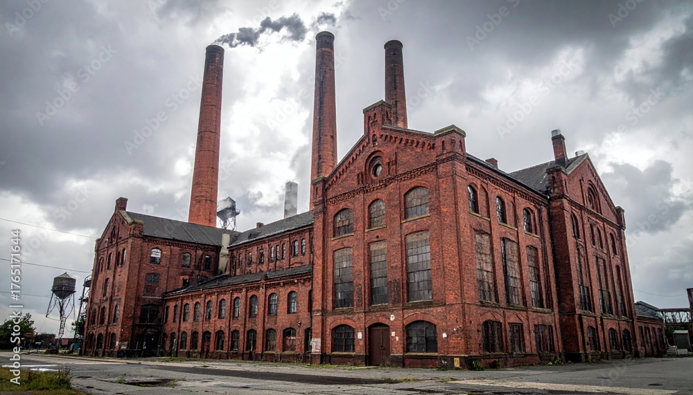 Gritty Heritage Red Brick Victorian Factory with Tall Smokestacks and ...