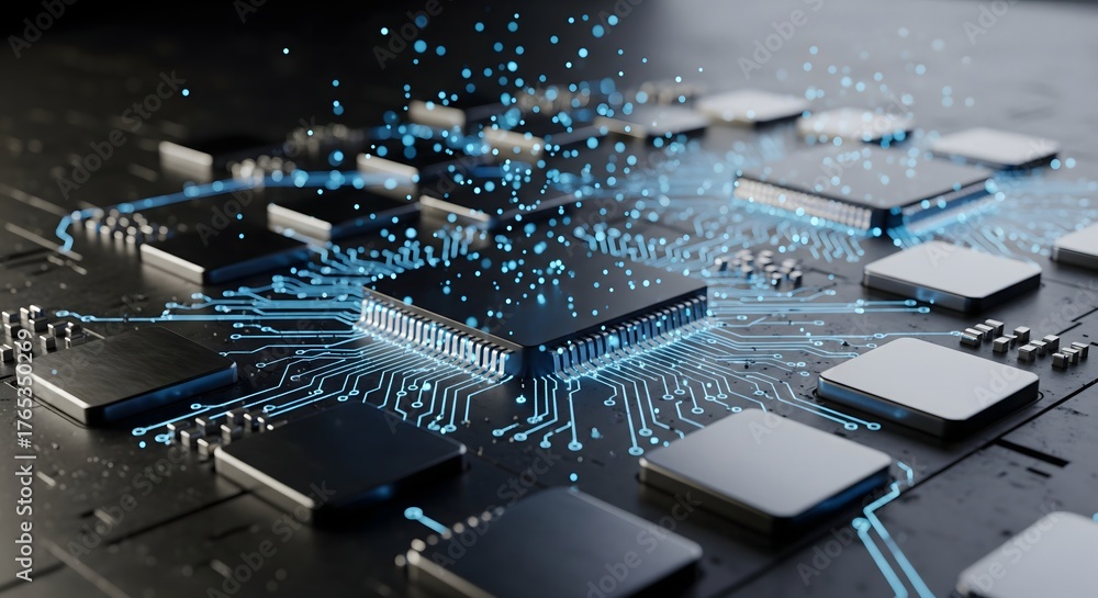 Microchip CPU central processor on circuit board with glowing blue data ...