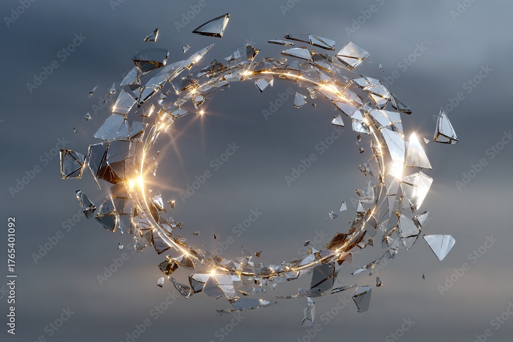 Circular formation of floating broken glass shards reflecting warm ...