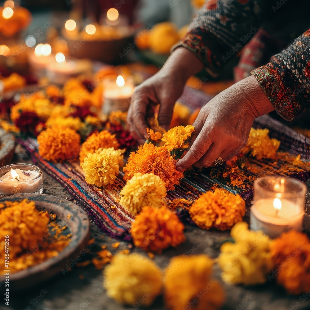 Woman arranging cempasuchil flowers for day of the dead altar in mexico ...