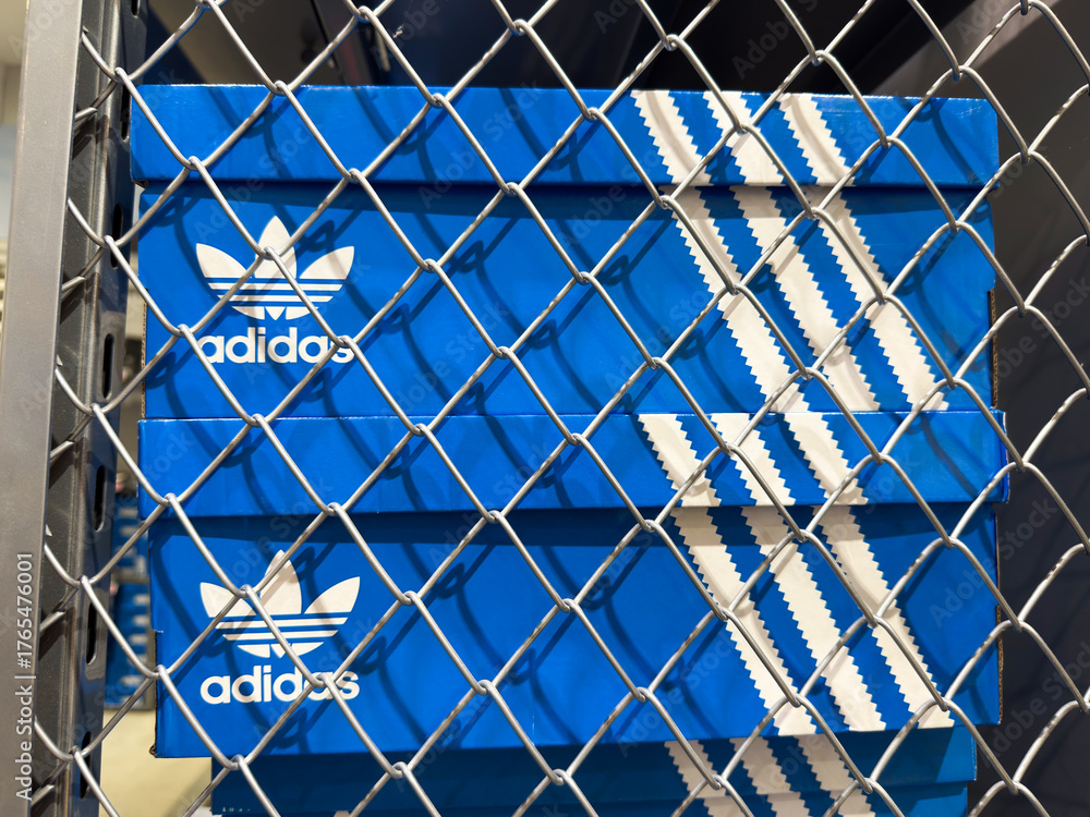 Bangkok, Thailand - July 27, 2025: Blue Adidas Originals boxes with ...