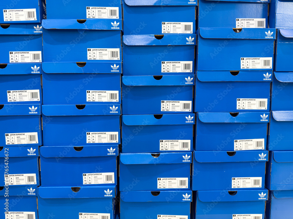 Bangkok, Thailand - July 27, 2025: Stack of Adidas Originals blue boxes ...