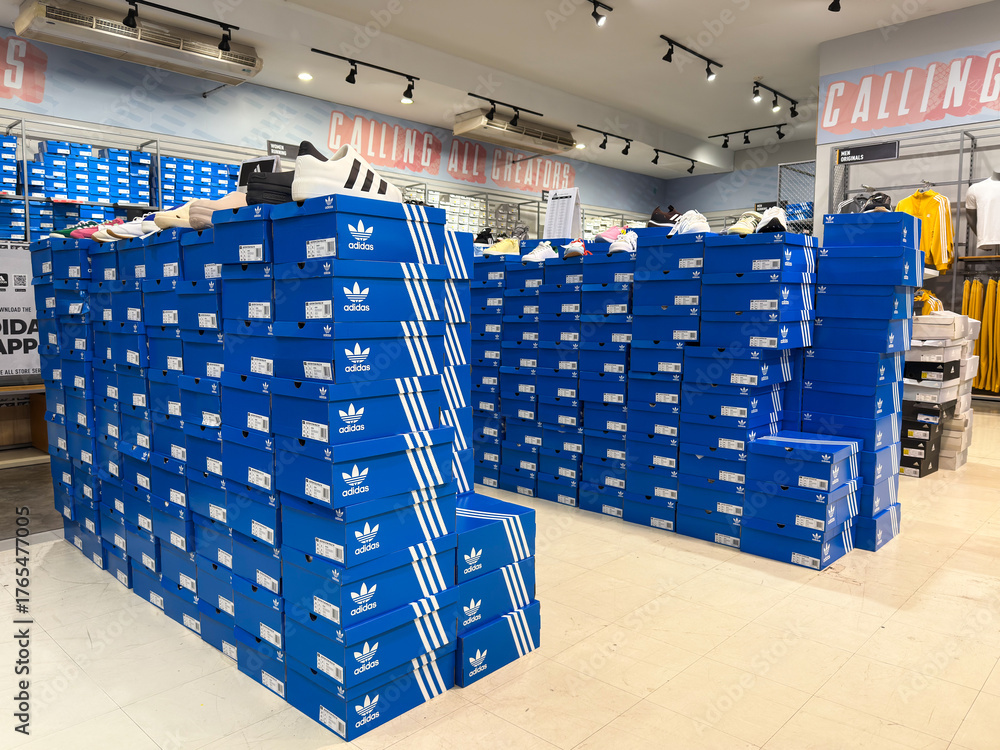 Bangkok, Thailand - July 27, 2025: Rows of Adidas Originals blue boxes ...