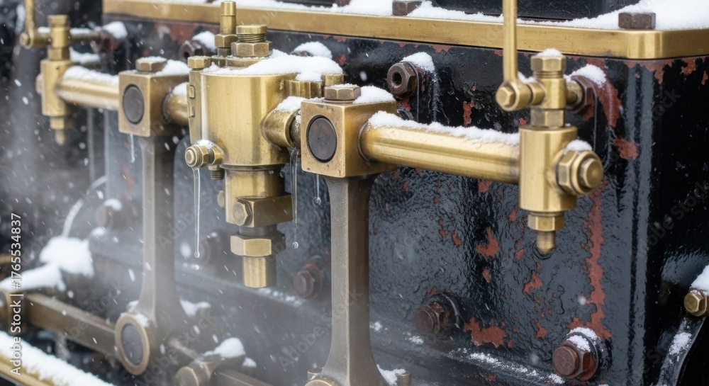 Steam engine component covered in snow – industrial heritage and ...